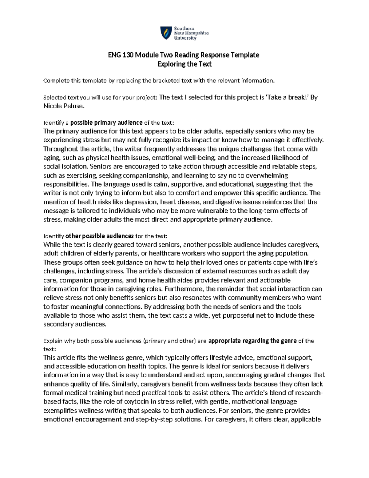 ENG 130 Module Two Reading Response: Analyzing Audience in Wellness Texts - Studocu