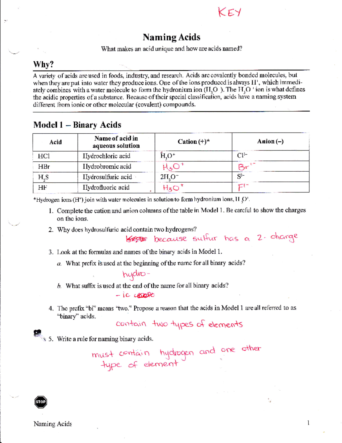 Acids - Chemistry acid notes, acid names, 3 pages - KrY Naming Acids ...
