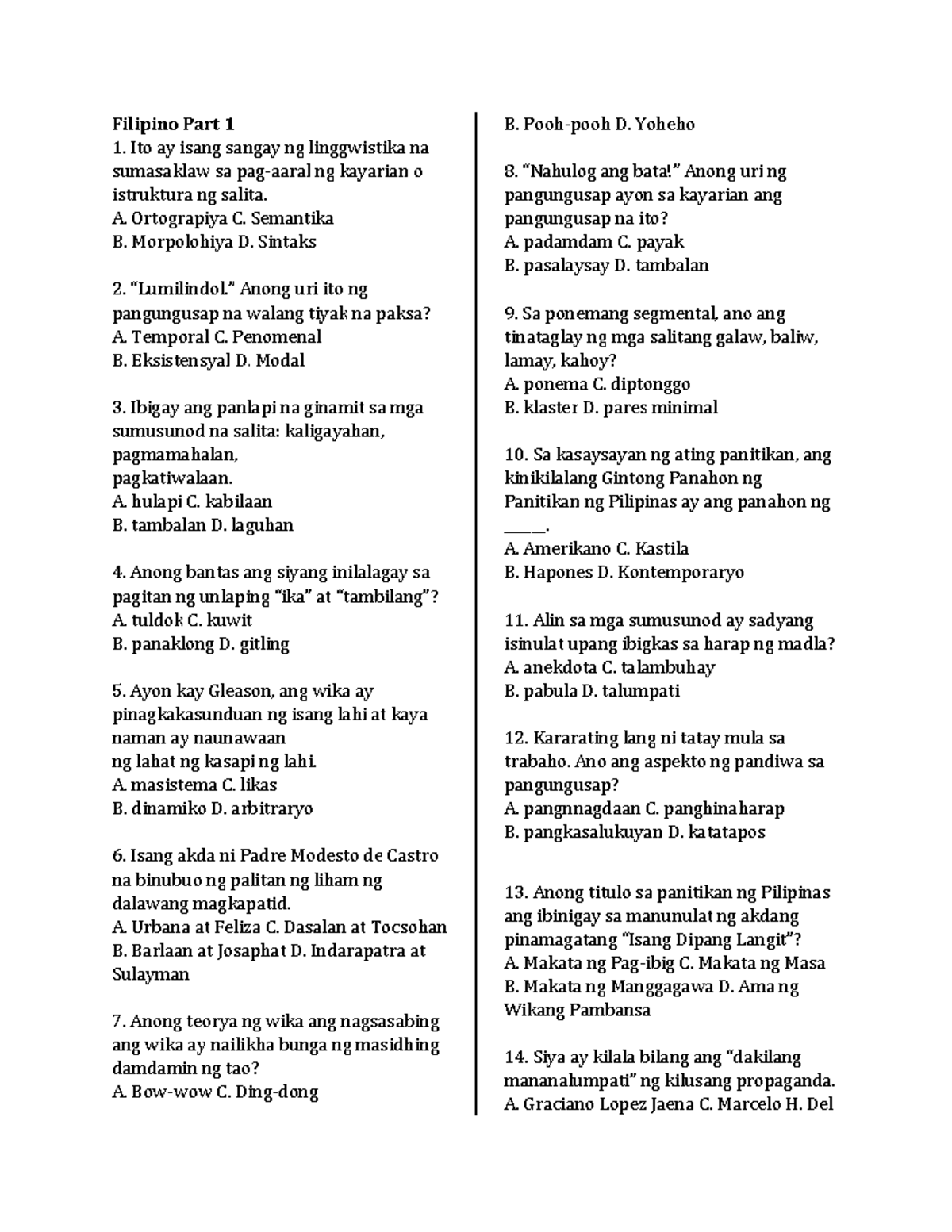 LET Reviewer Part 1: Filipino Major Quiz with Key Answers - Studocu