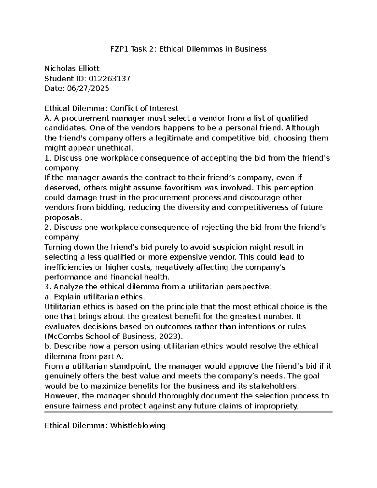 C717 Task 2: Analyzing Ethical Dilemmas in Business - Studocu