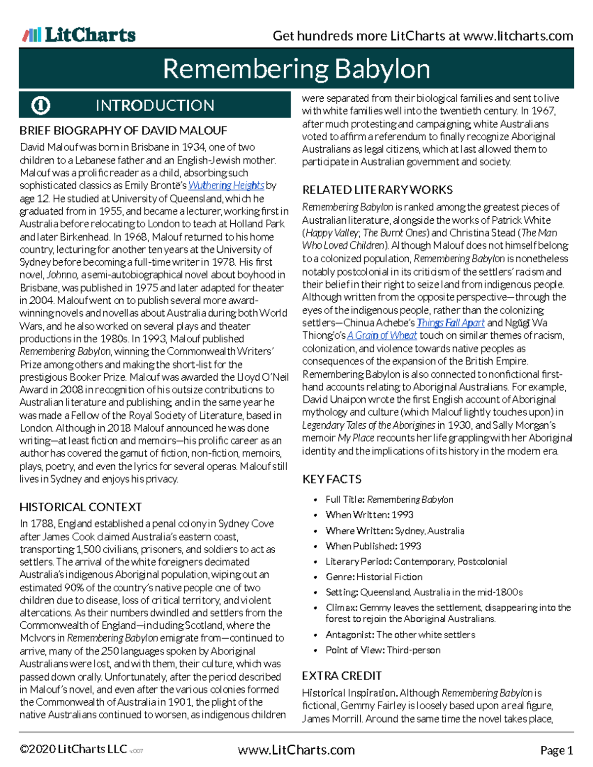 Remembering Babylon (INTR) - A Study of David Malouf's Novel - Studocu