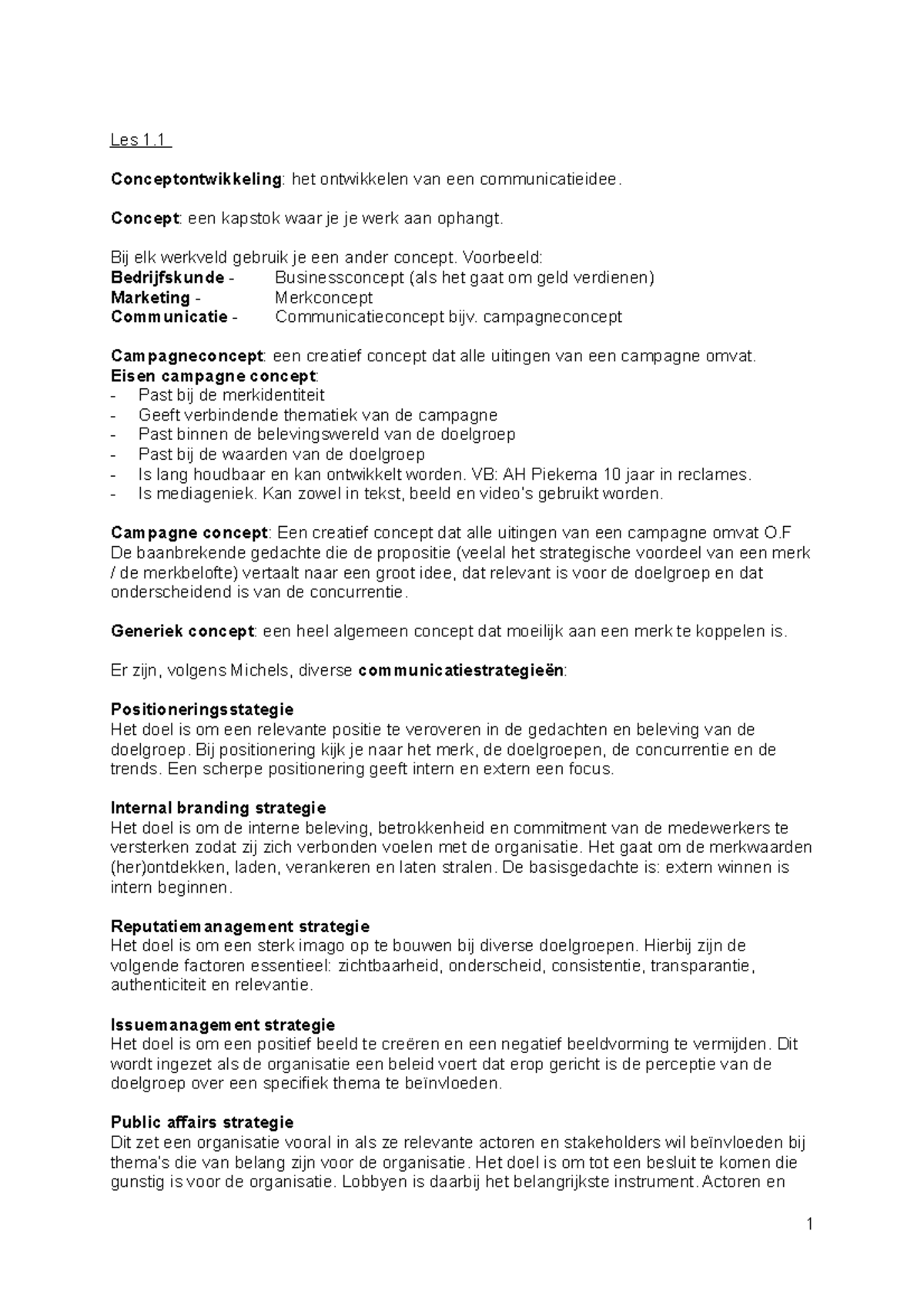 Conceptontwikkeling Samenvatting Les 1-6: Communicatiestrategieën en ...
