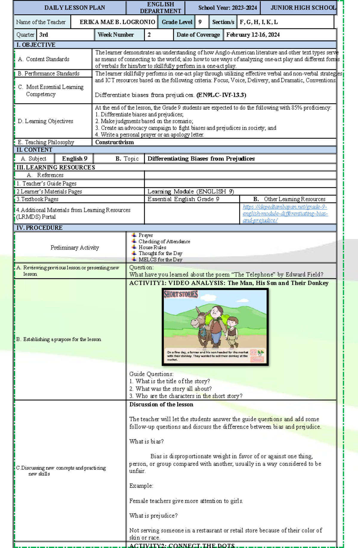 ENGLISH 9 Daily Lesson Plan: Differentiating Biases & Prejudices - Studocu