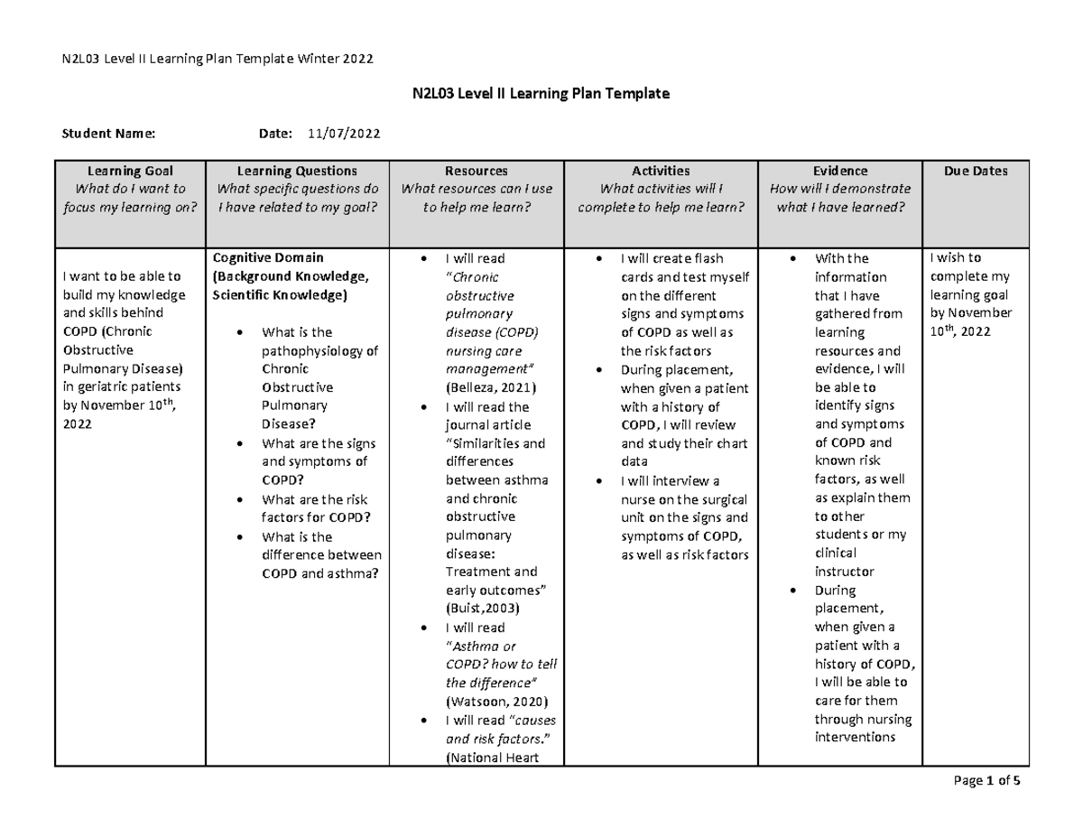 N2L03 Level II Final Learning Plan on COPD for Geriatric Care - Studocu