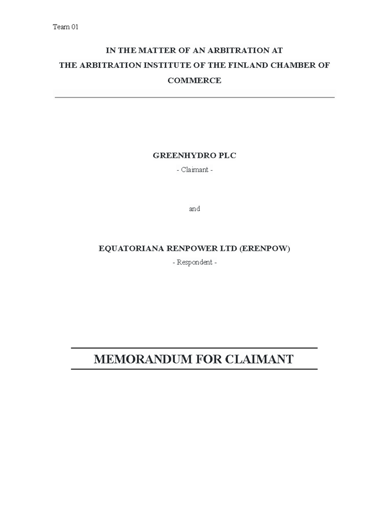 Team 01 Arbitration Memorandum: GreenHydro PLC vs. Equatoriana Renpower ...