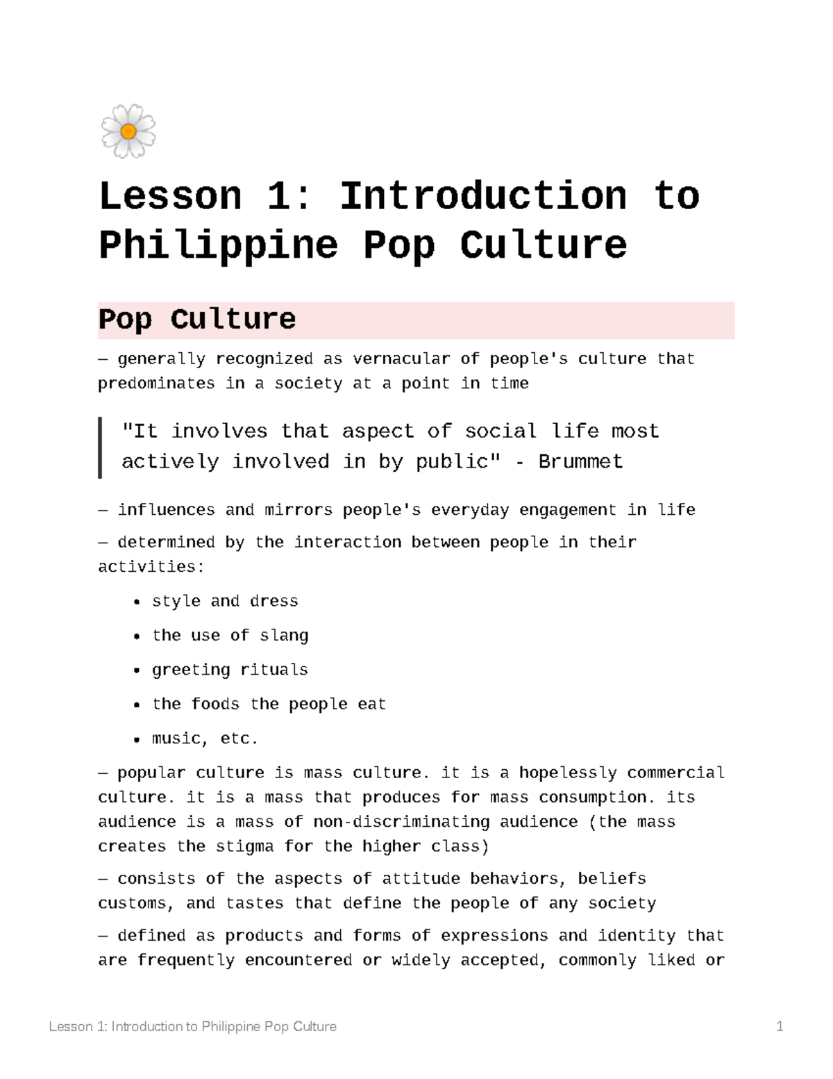 Lesson 1 Introduction to Philippine Pop Culture - — popular culture is ...