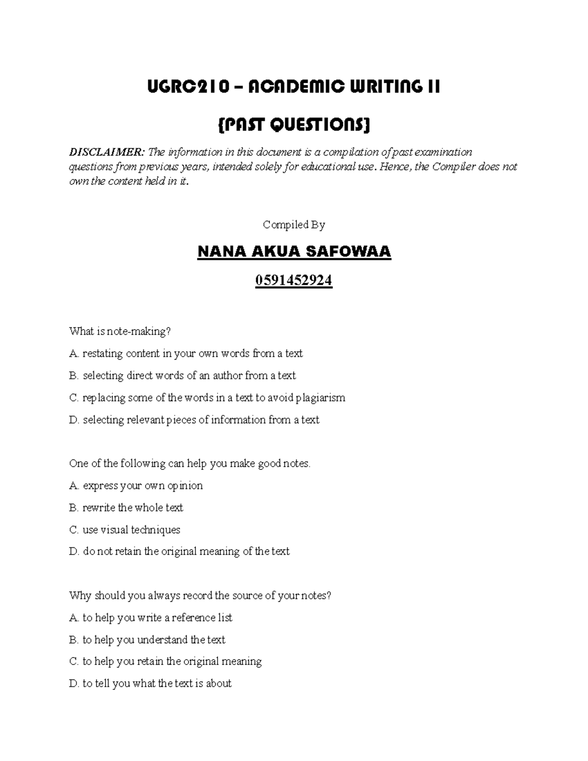 UGRC210 ACADEMIC WRITING II: MCQs Compilation for Exam Prep - Studocu