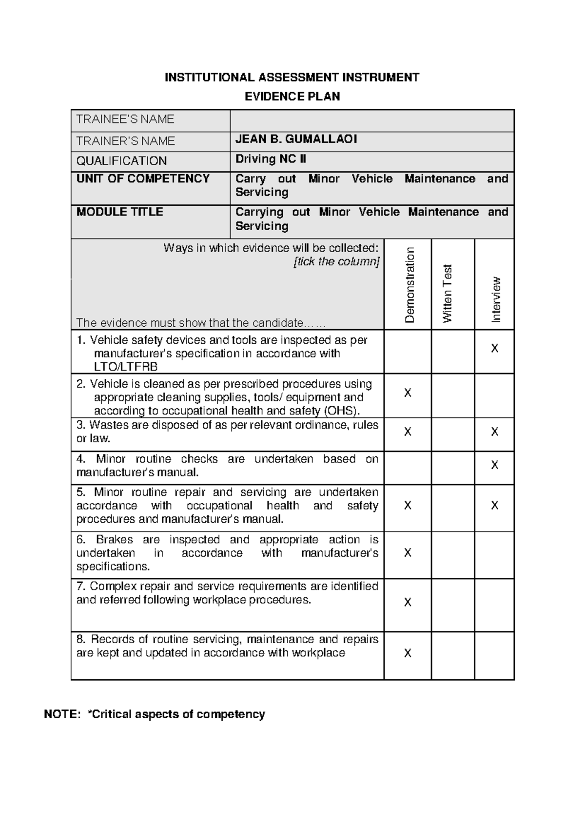 UC1 DRV NC II - Minor Vehicle Maintenance Assessment Plan - Studocu