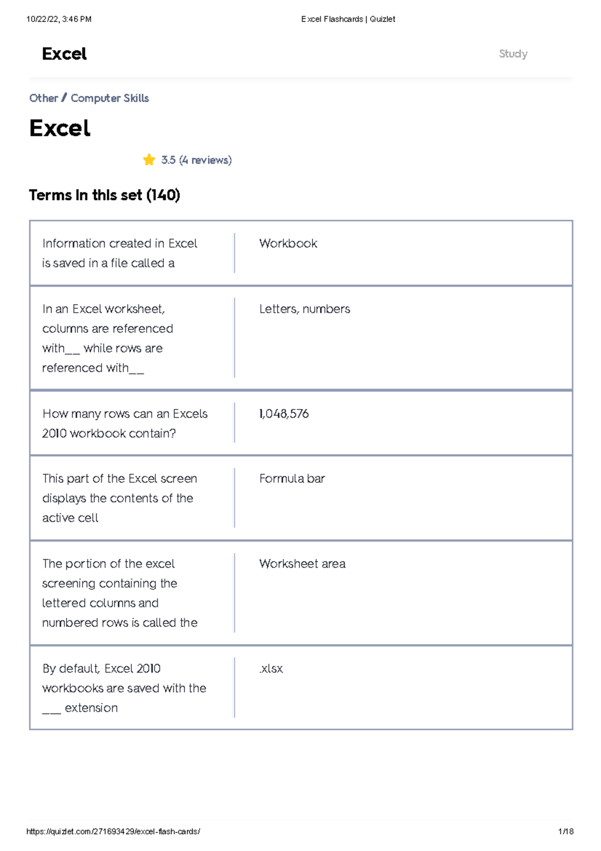 Excel Flashcards for Quizlet: Mastering Excel 2010 Essentials - Studocu