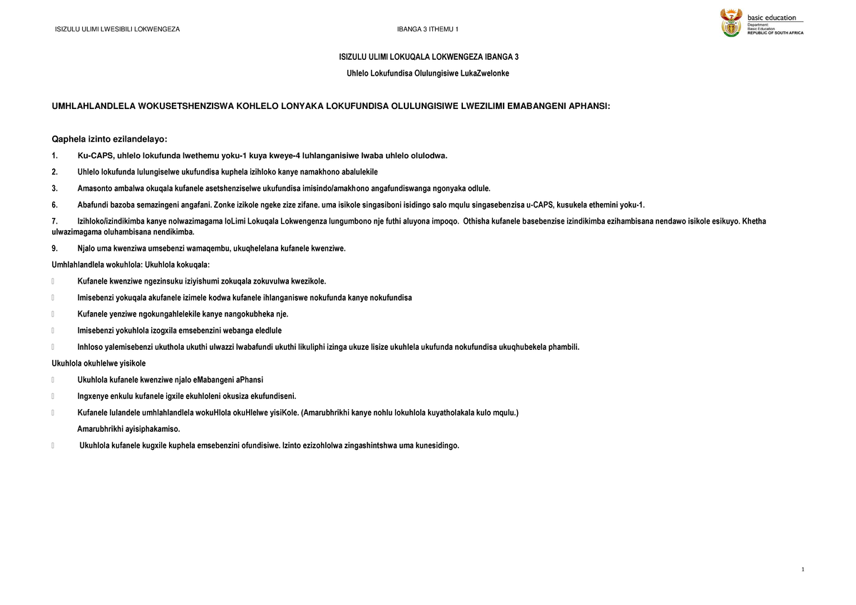 ISIZULU ULIMI LWESIBILI LOKWENGEZA IBANGA 3 ITHEMU 1: Uhlelo ...