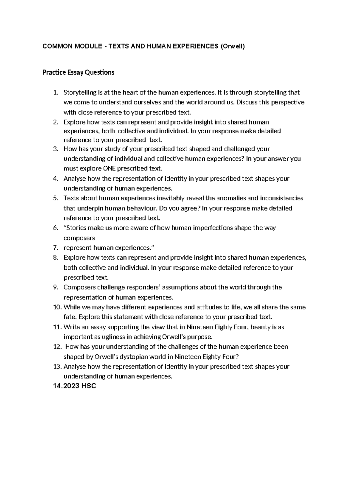 HSC Practice Questions: Texts and Human Experiences (Modules A, C ...