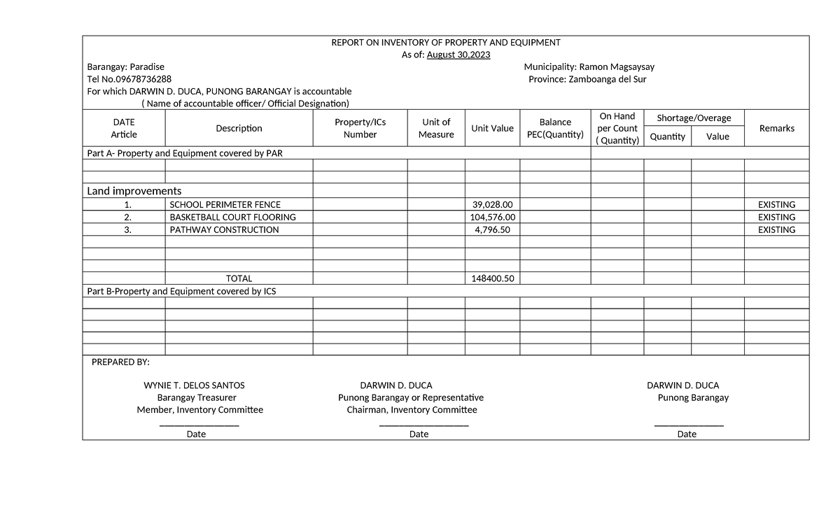 2. Rpcppe Report on Land Improvements and Inventory of Equipment - Studocu