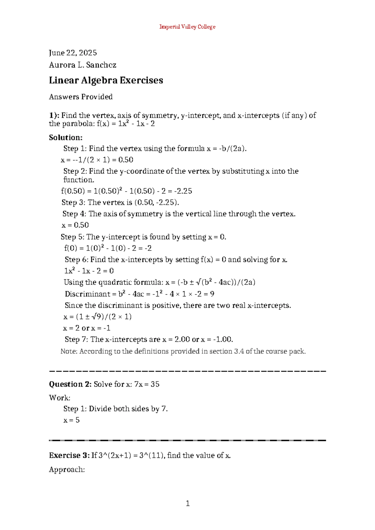 ALG 182-04 Winter 2025 Linear Algebra Exercises & Solutions - Studocu