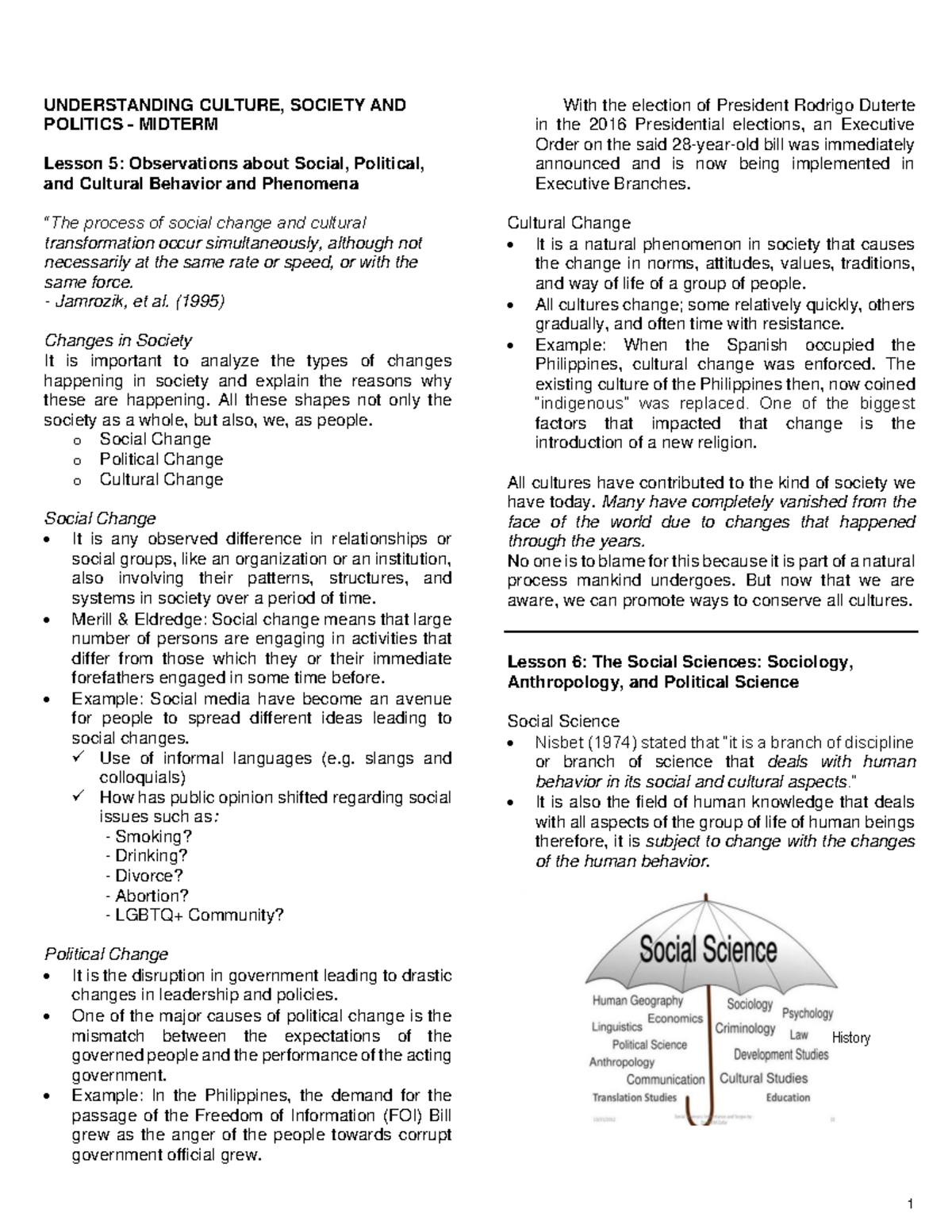 UCSP 101 Midterm Lesson 5: Social, Political, and Cultural Changes ...