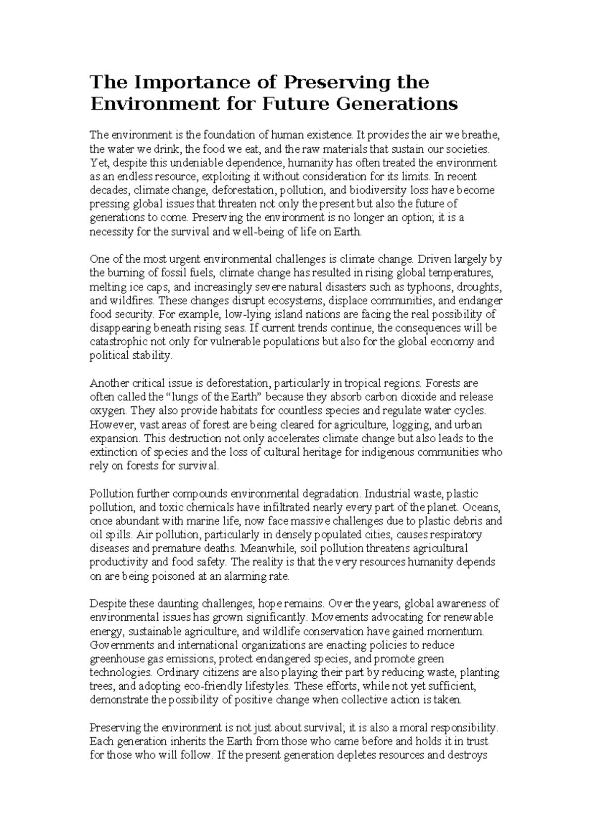 ENV 101: The Urgency of Environmental Preservation for Future ...