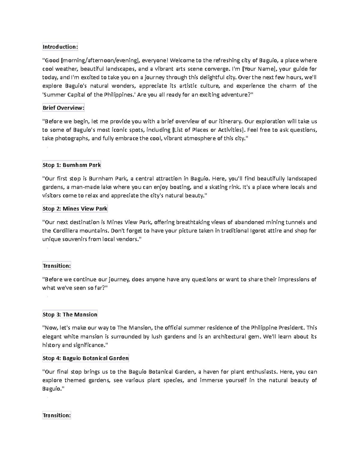 Tour Guiding Script for Baguio - Introduction: "Good [morning/afternoon ...