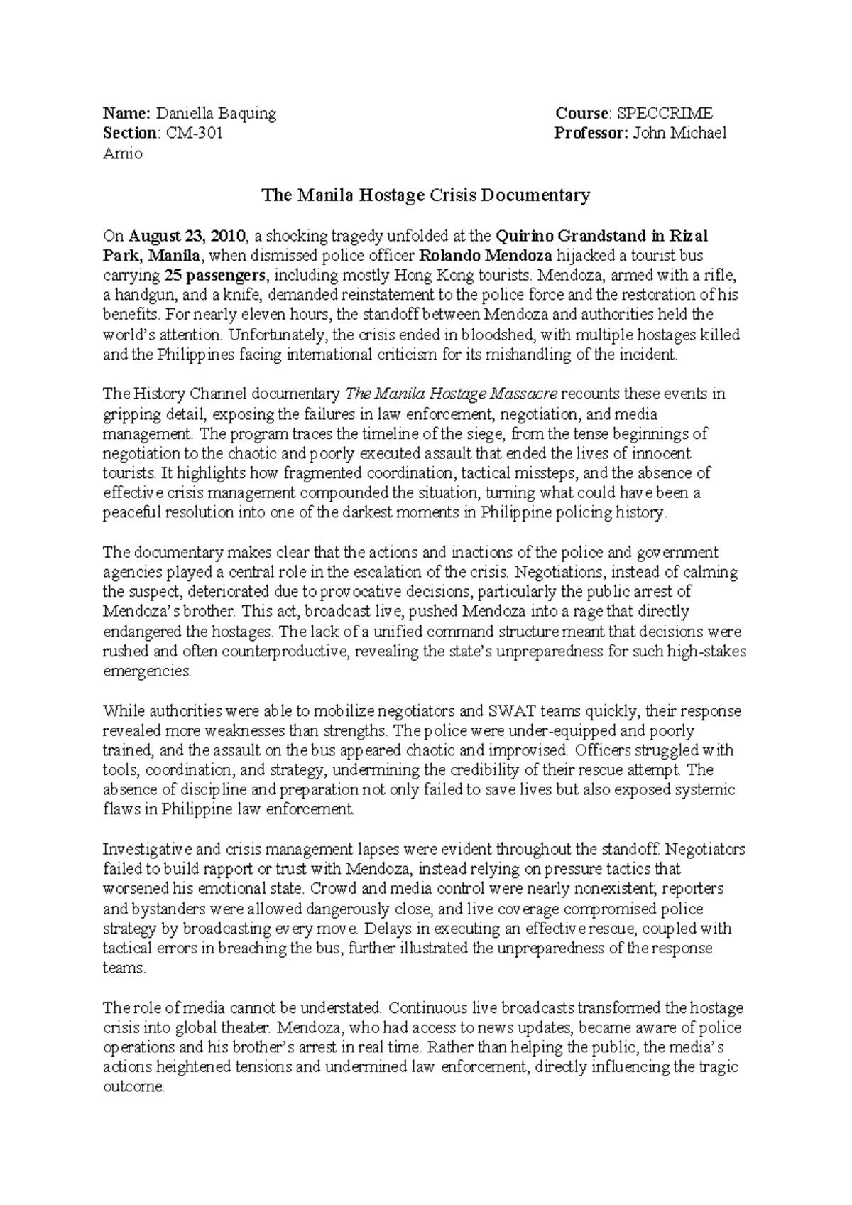 Reaction Paper - SPECCRIME: The Manila Hostage Crisis Analysis - Studocu