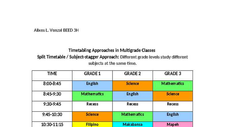 BEED 3H Timetabling Approaches: Split Timetable for Multigrade Classes ...