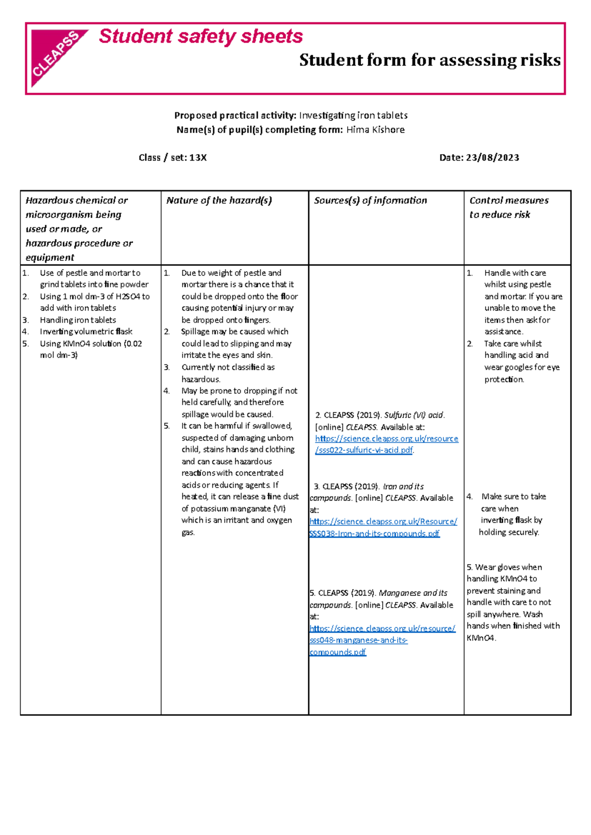 Risk Assessment for Iron Tablet Investigation - PAG 12 - Studocu