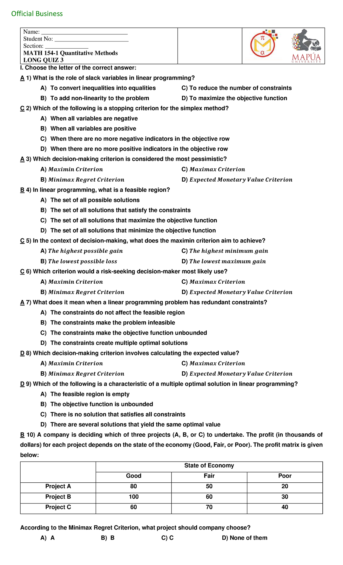 Math154-1 Long Quiz 3 AY2324 Answer Key - Studocu