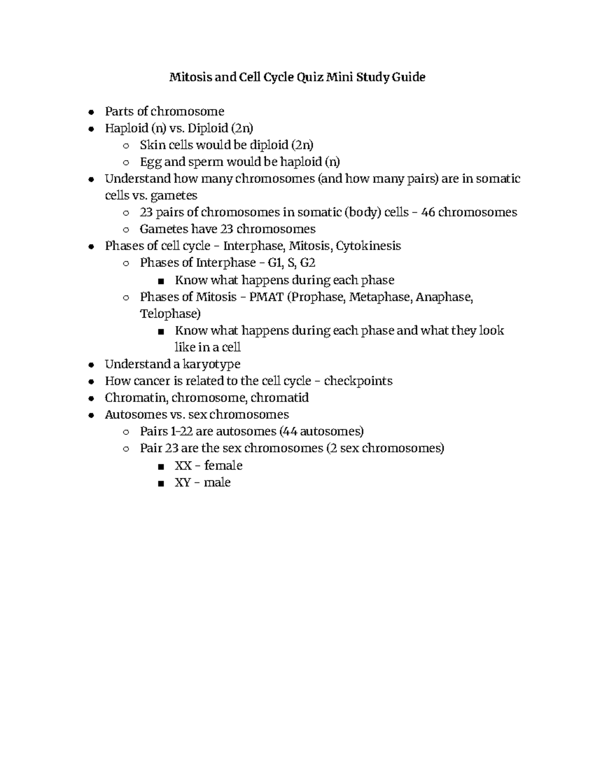 Mitosis & Cell Cycle Quiz Study Guide (Bio 101) - Studocu