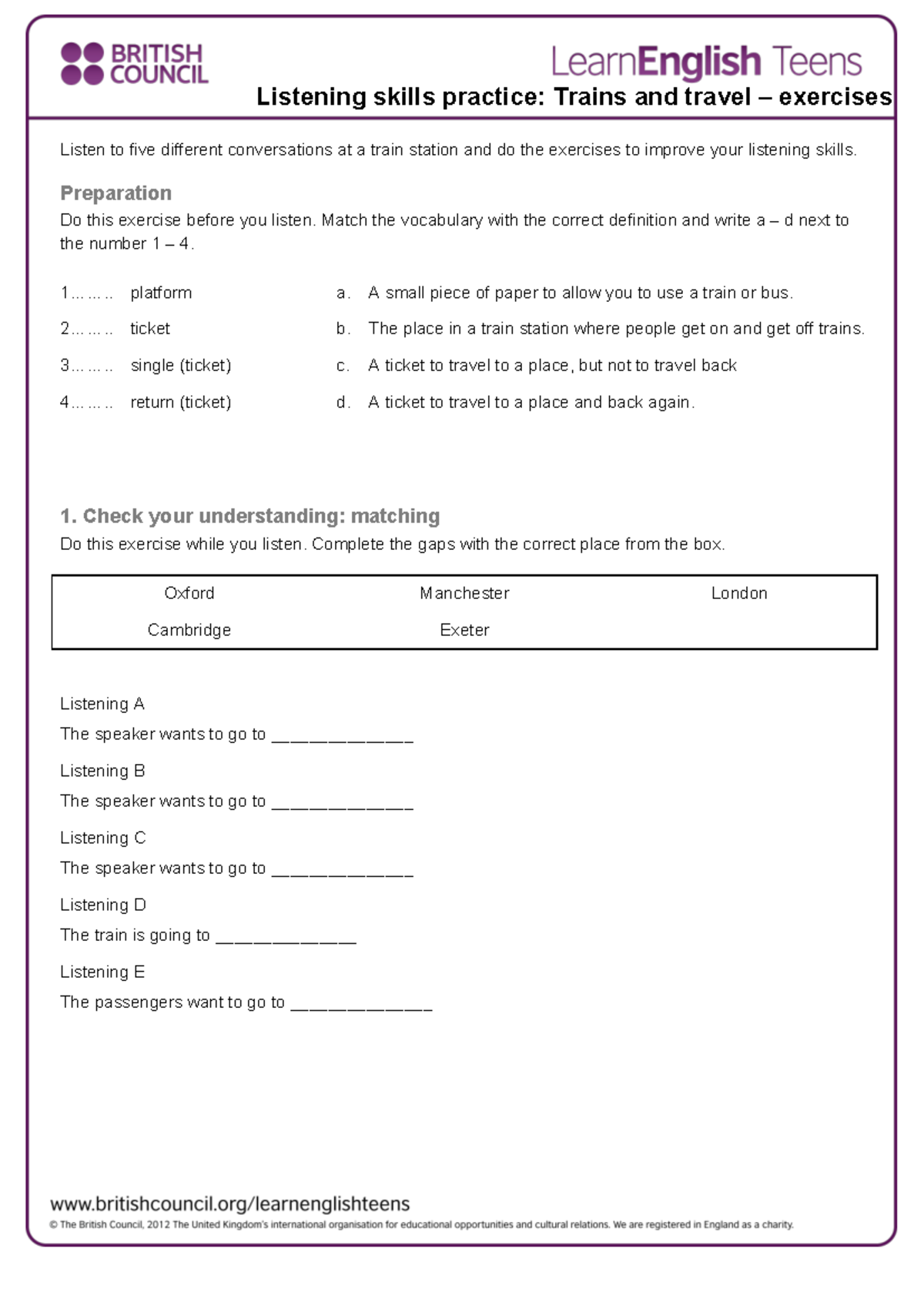 Listening Skills Practice: Trains & Travel Exercises 7 - Studocu