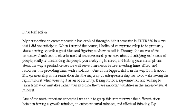 Final Reflection on Entrepreneurship in ENTR350 - Studocu
