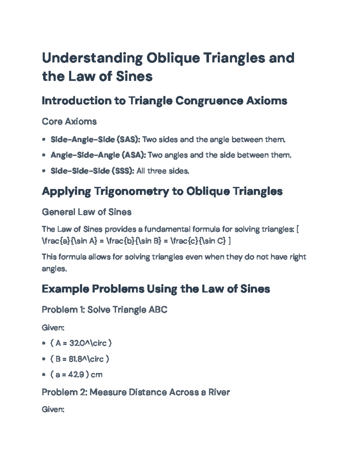 Oblique Triangles & Law of Sines: Notes for Math 101 Lecture - Studocu
