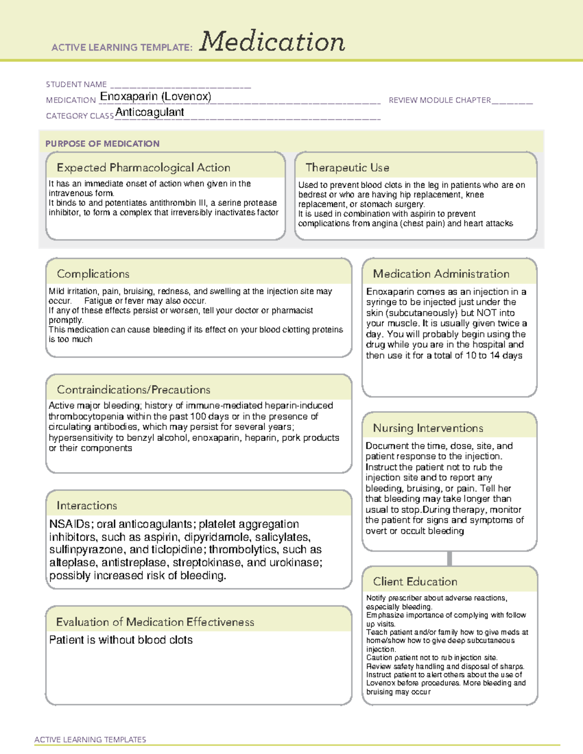 Enoxaparin Med Surg 3 - Nursing Active Learning Template Guide - Studocu
