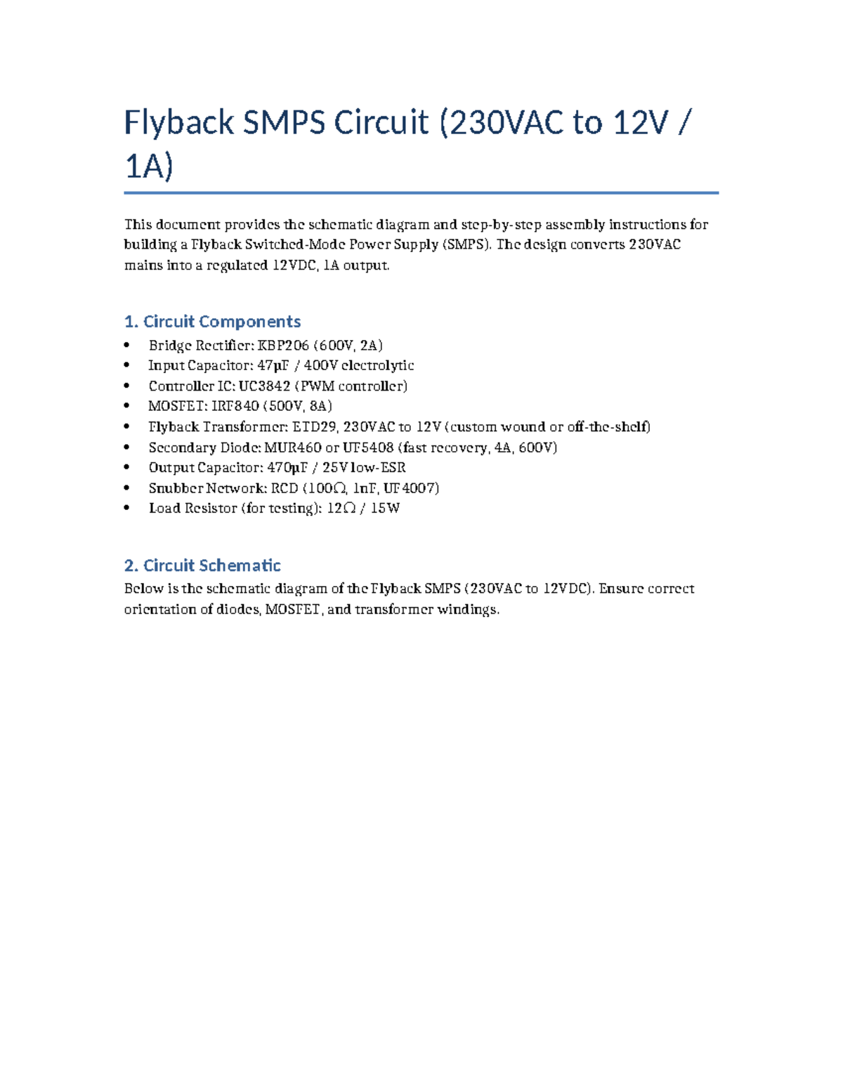Flyback SMPS Circuit Design (230VAC to 12VDC) with Schematic - Studocu