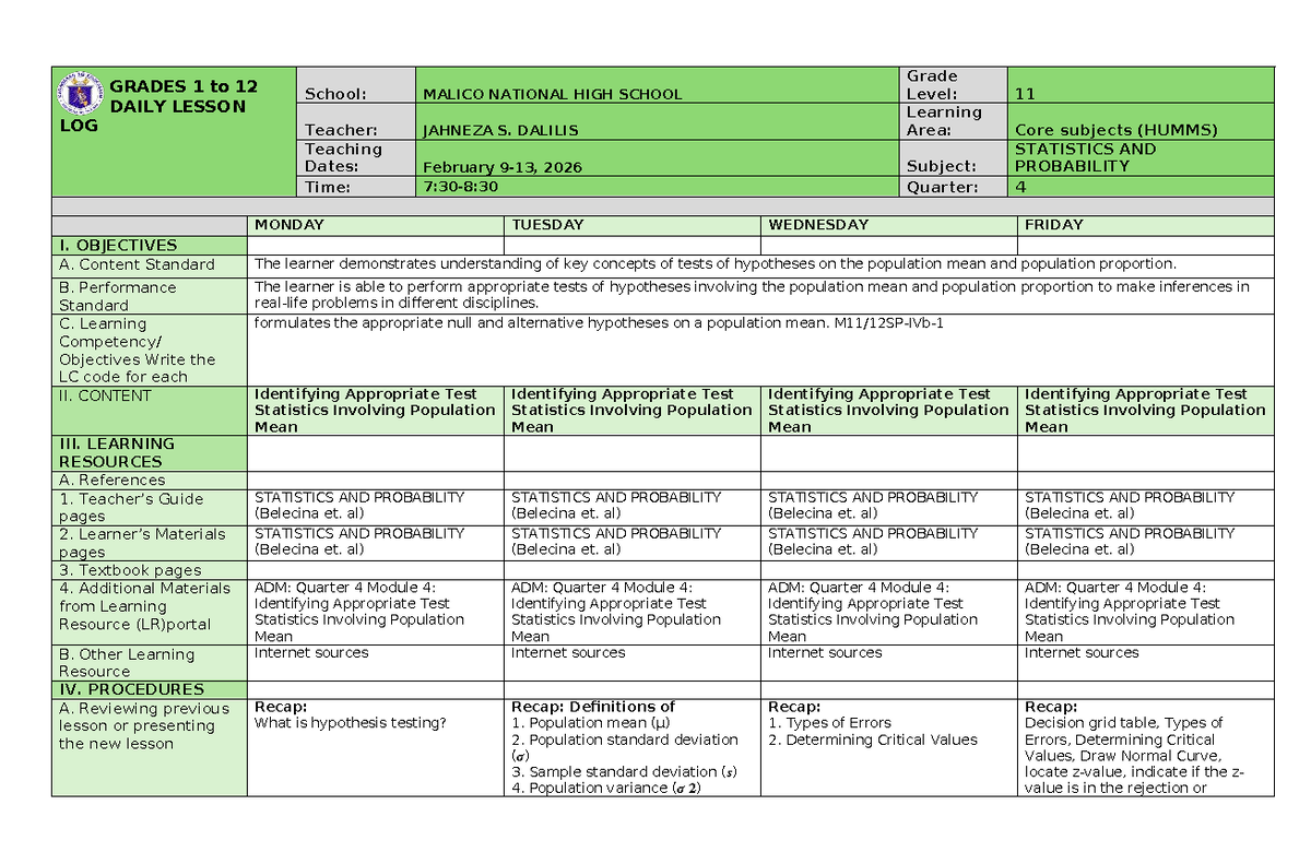 Statistics 11 - Daily Lesson Log for Week 3 - Studocu