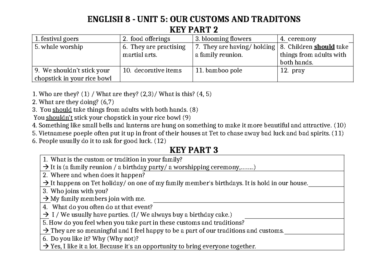 ENGLISH 8 UNIT 5: OUR CUSTOMS AND TRADITIONS KEY PART 2 - Studocu