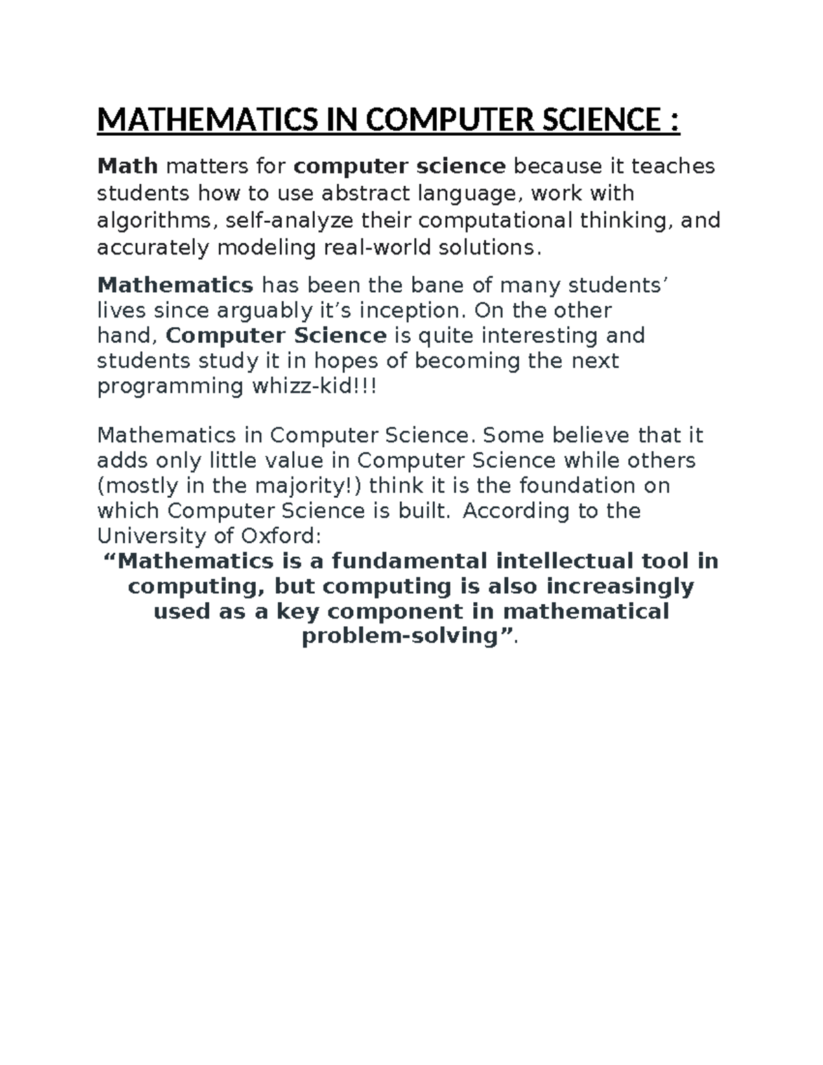 Mathematics in Computer Science: A Fundamental Analysis for CS101 - Studocu