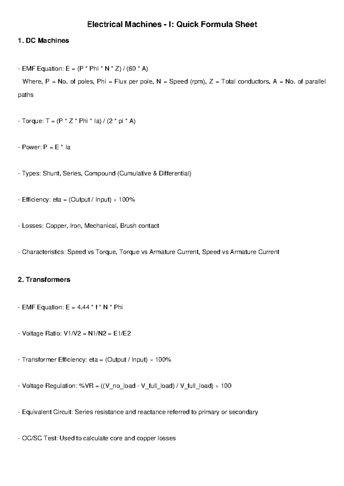 Electrical Machines I: Quick Formula Sheet for GTU Students - Studocu