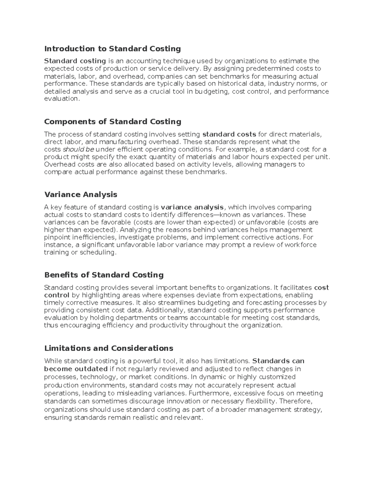 Standard Costing Overview: Techniques, Benefits, and Limitations - Studocu