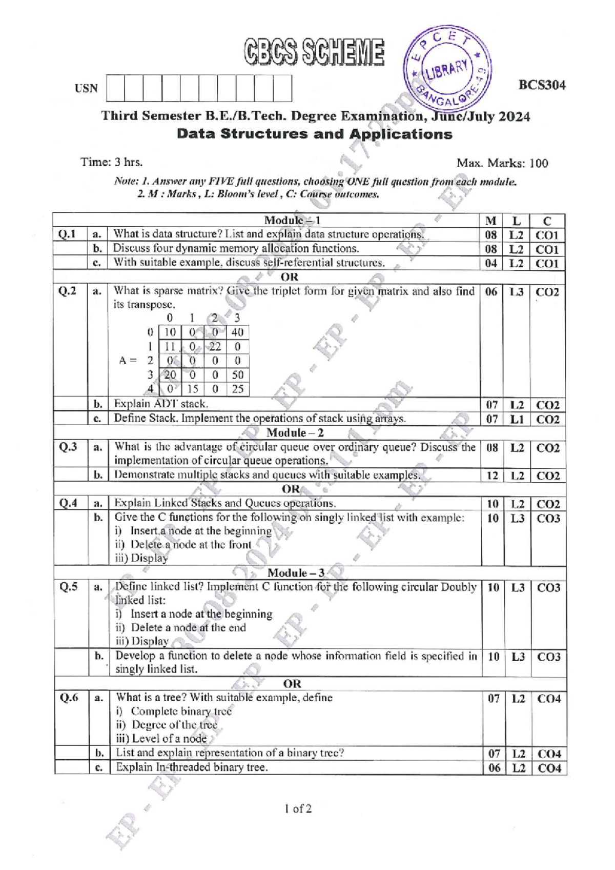 BCS304 Data Structures & Applications Exam - June/July 2024 - Studocu