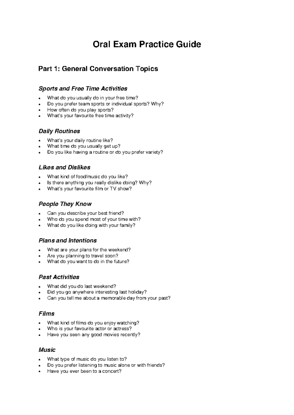 ORAL Teens 2: Exam Practice Guide for General Conversation Topics - Studocu