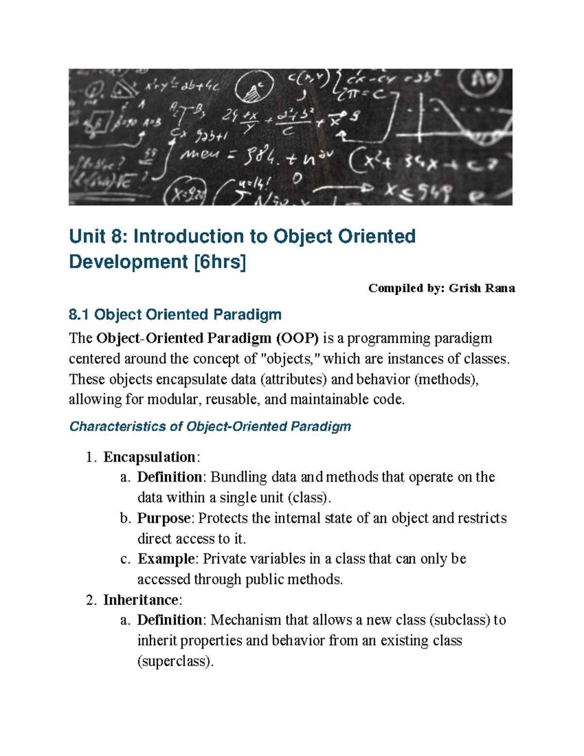 Unit 8: Intro to Object Oriented Development - Key Concepts and Models - Studocu
