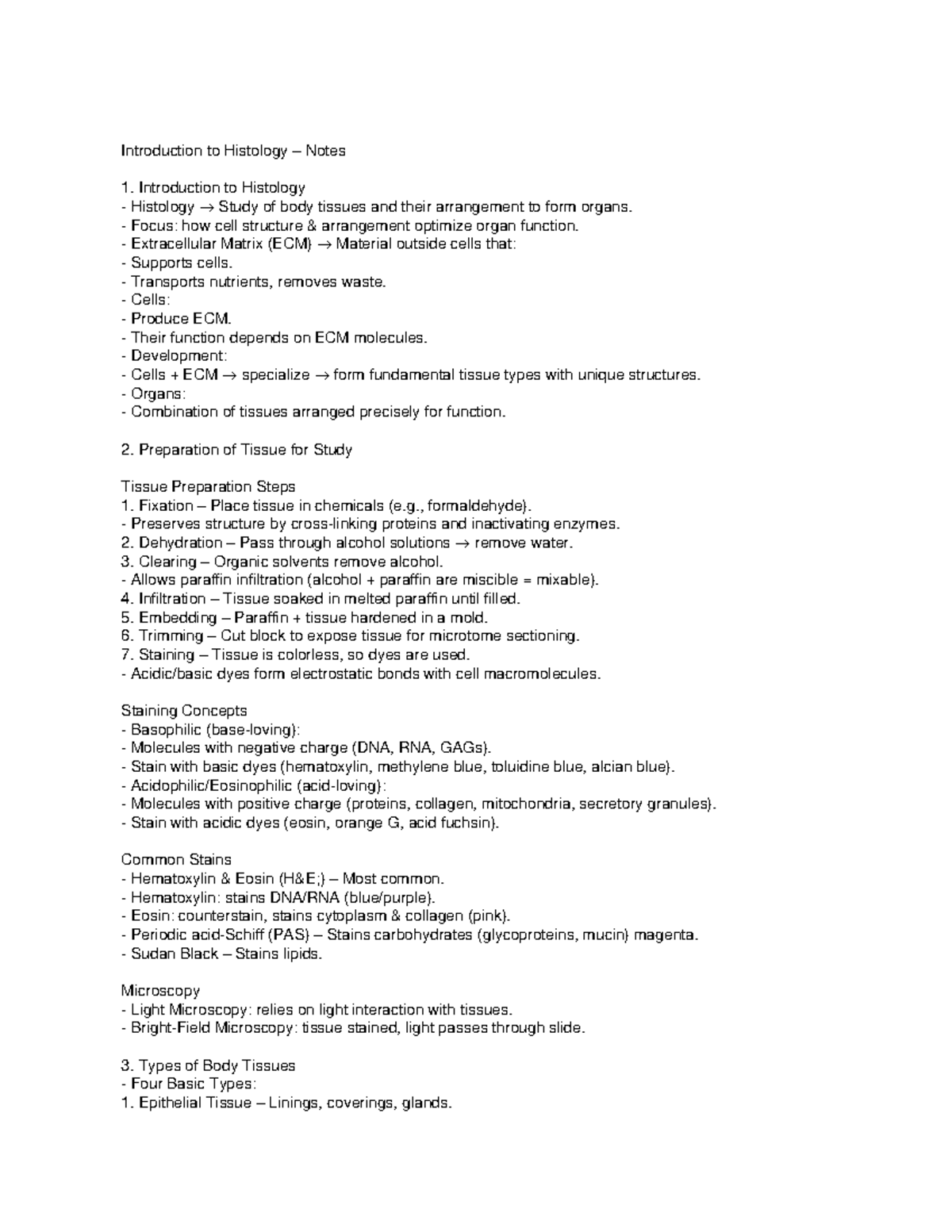 Histology Notes: Introduction to Tissue Structure and Preparation - Studocu