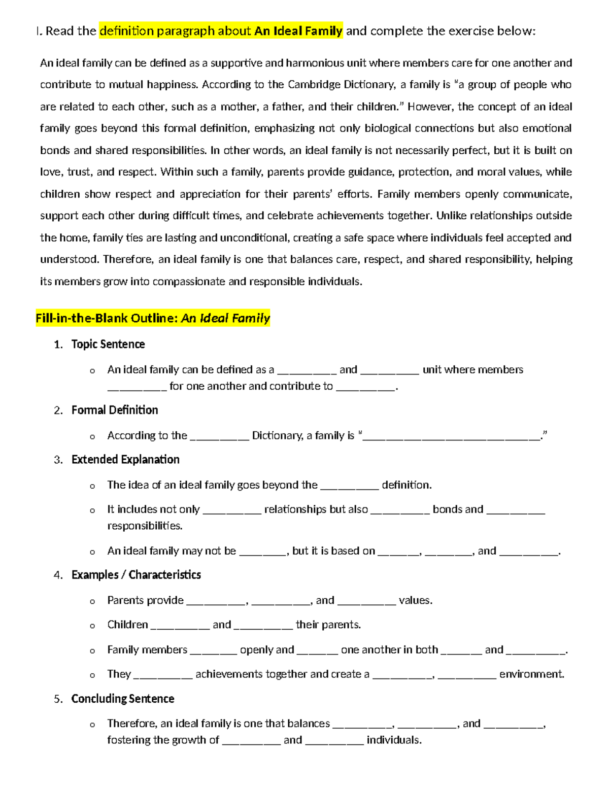 Definition Paragraph on An Ideal Family - SV - Studocu
