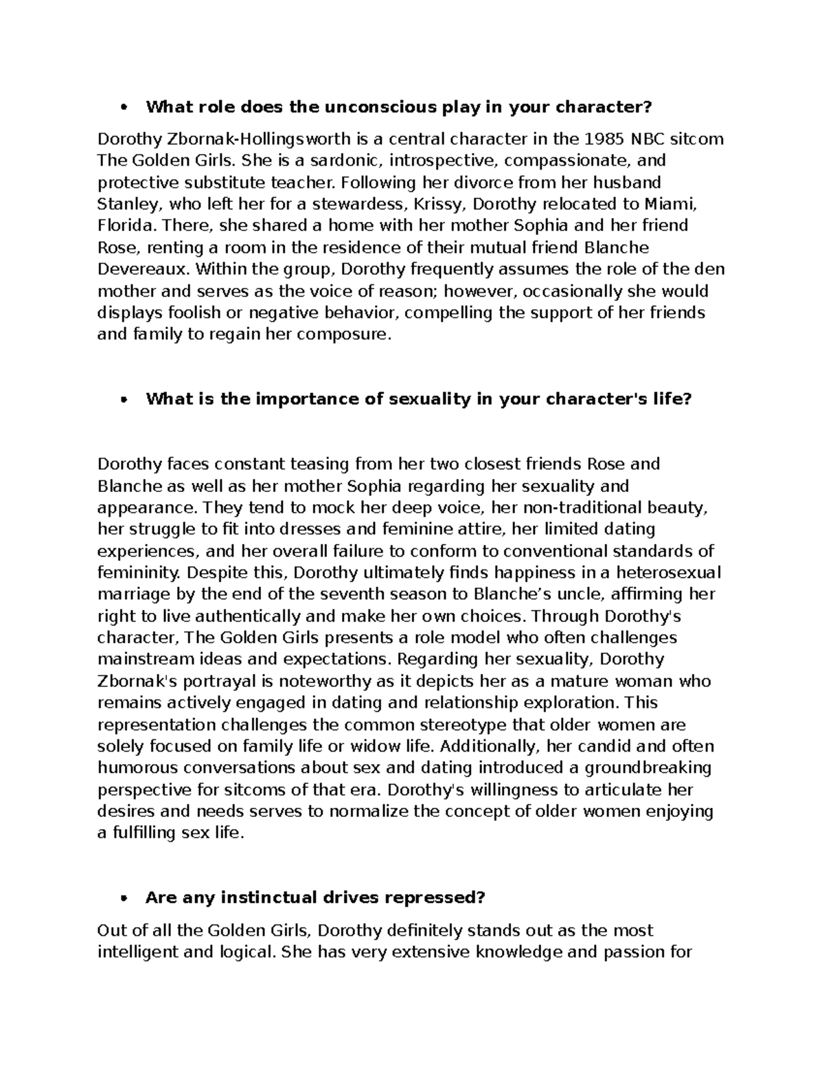 Psy 328 Discussion 2-1: Analyzing Dorothy Zbornak's Character Traits ...
