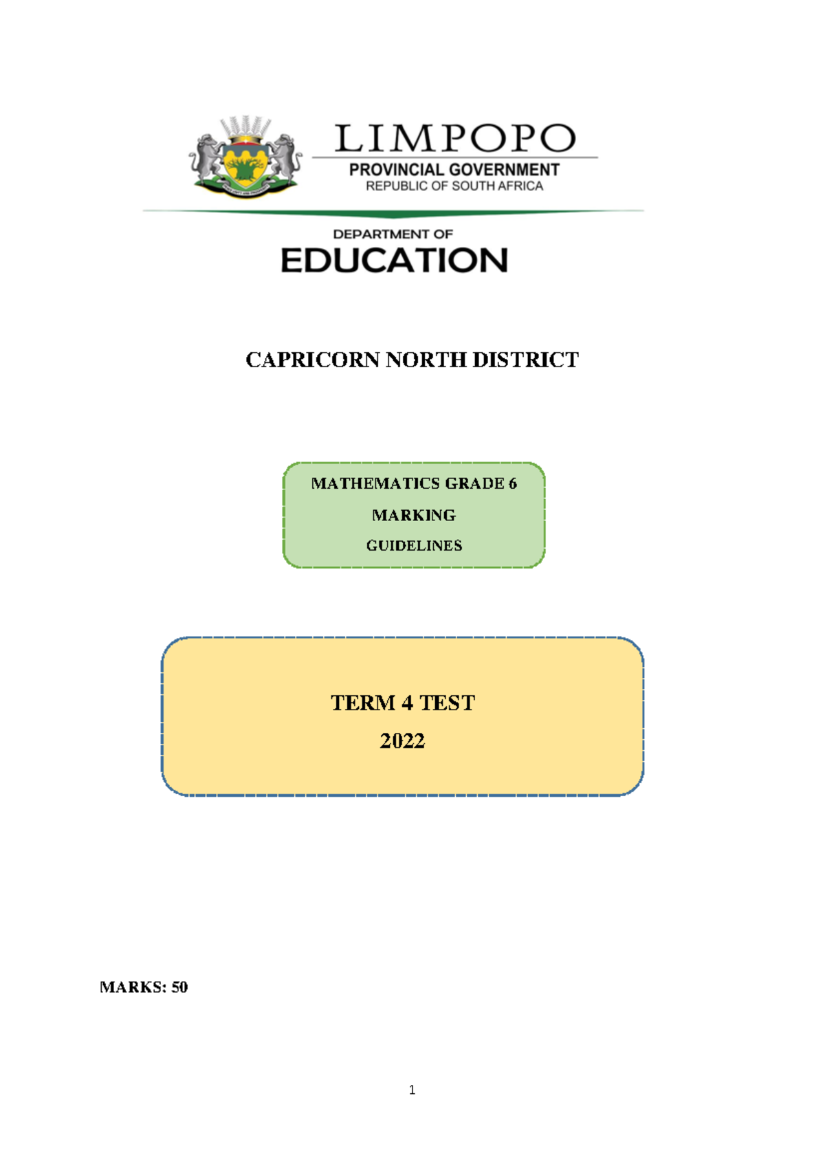 CAPRICORN GRADE 6 MATH TERM 4 TEST MEMO 2022 - Studocu