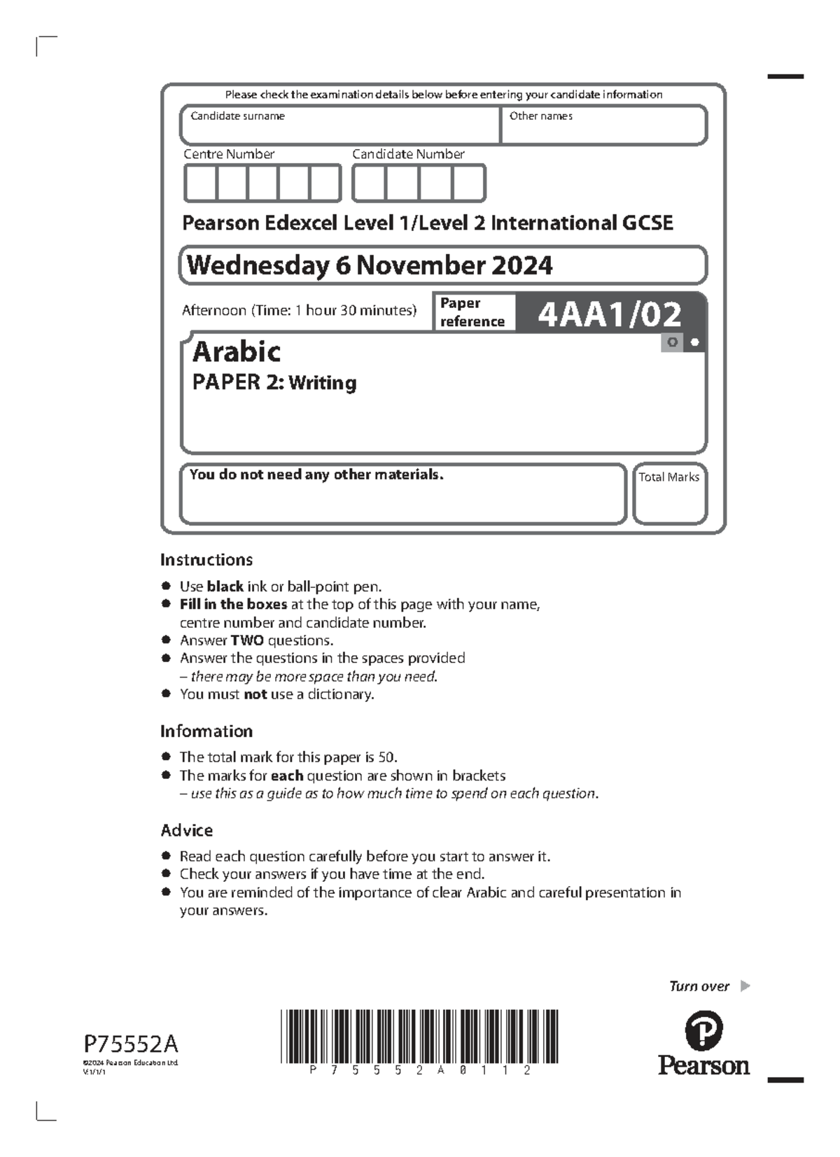 Arabic PAPER 2: Writing Exam Details (4AA1-02) - Nov 2024 - Studocu