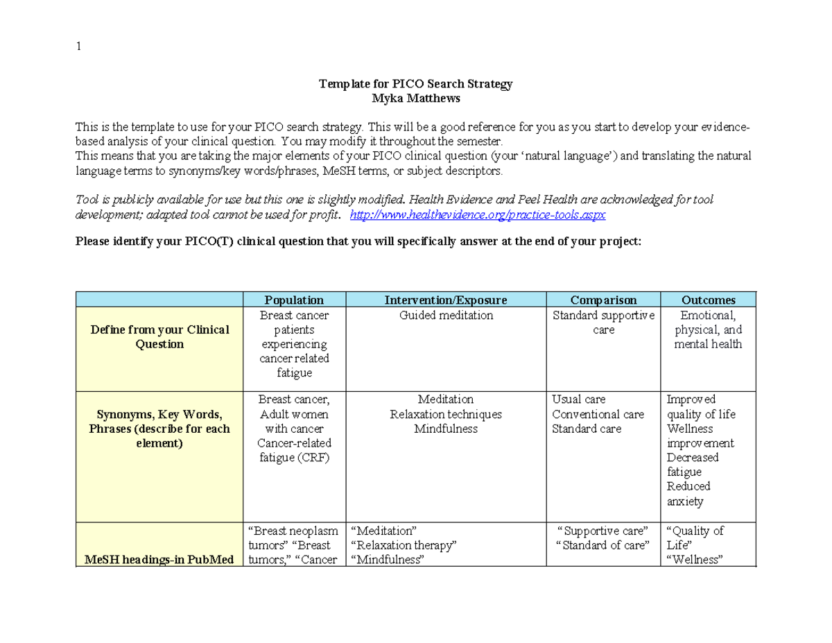 PICO Search Strategy Template for Breast Cancer Care Research - Studocu