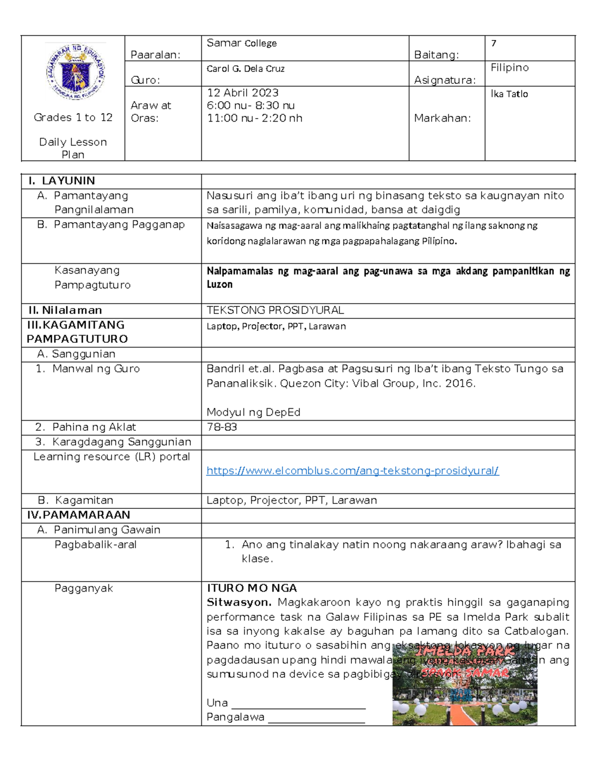 Daily Lesson Plan for Grade 7 Filipino (F11PB) - April 12, 2023 - Studocu