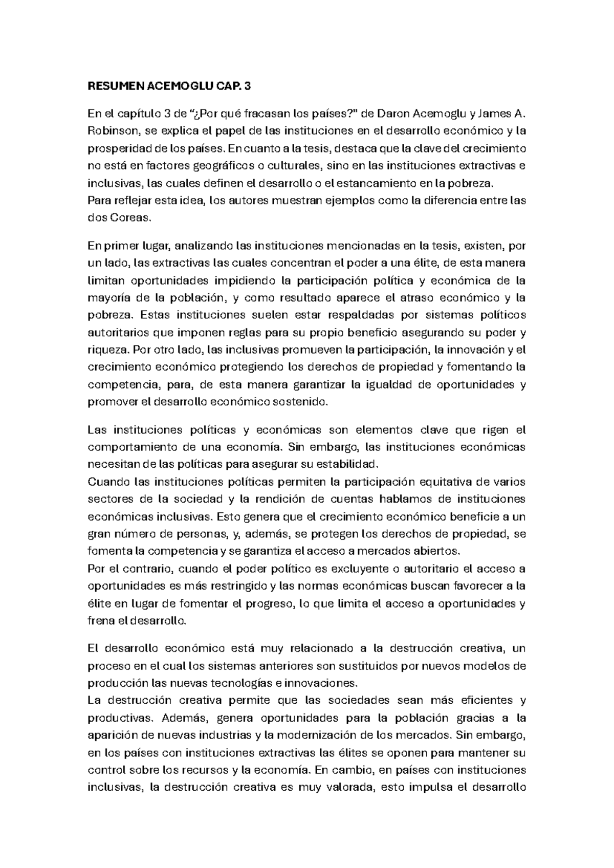 Resumen Acemoglu Cap. 3: Instituciones y Desarrollo Económico - Studocu