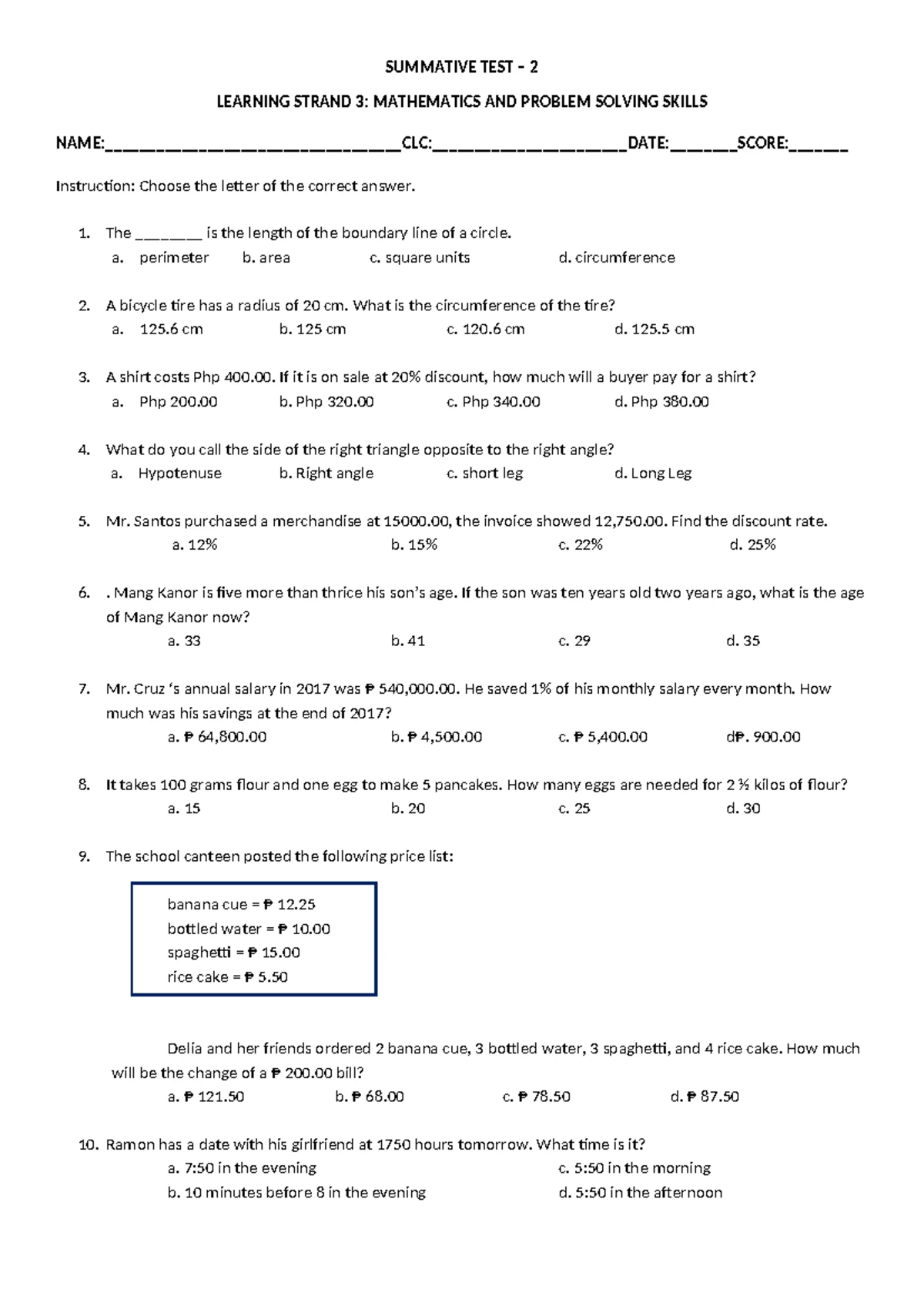 MATH- Summative Test 1: Learning Strand 3 - Math Skills - Studocu