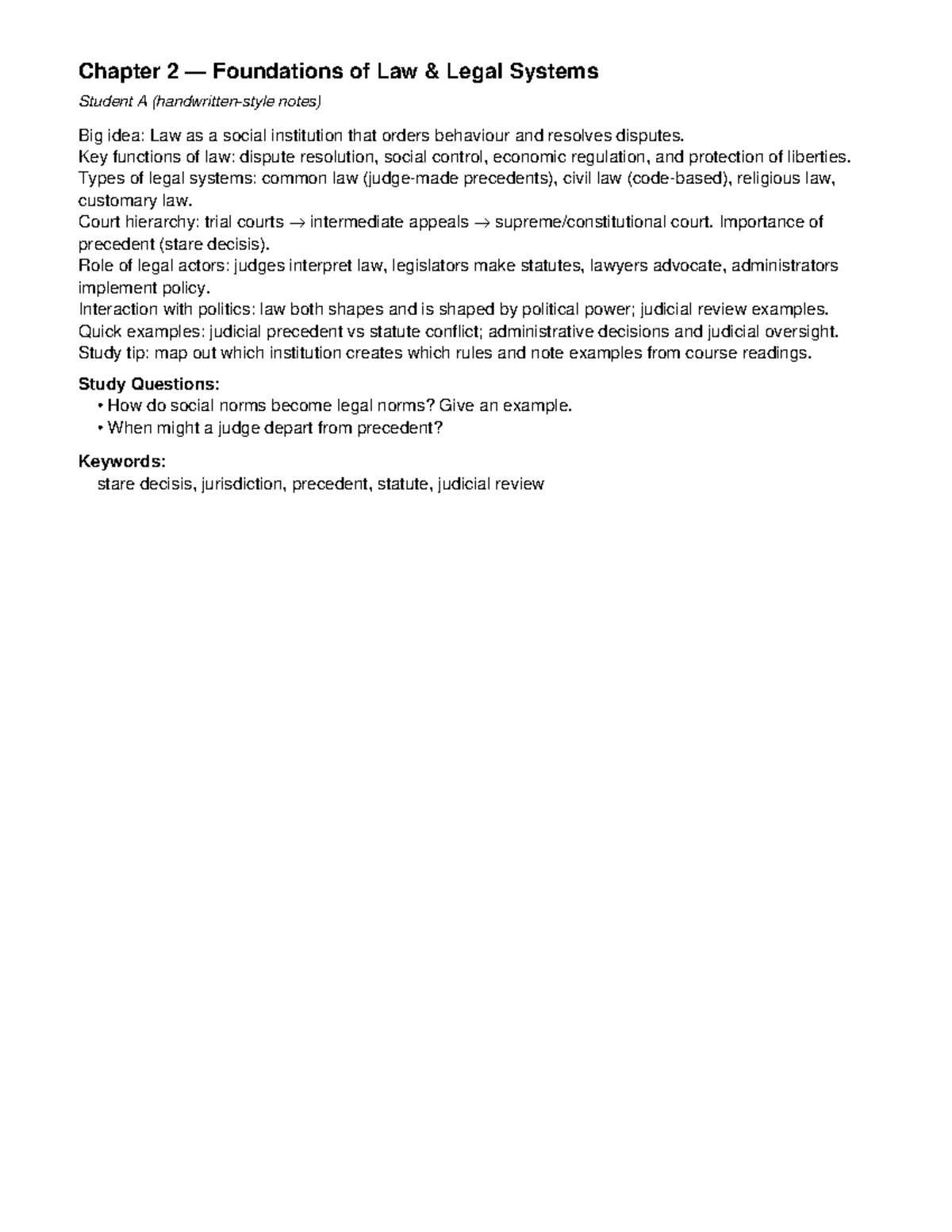 Chapter 2: Foundations of Law & Legal Systems (Notes) - Studocu