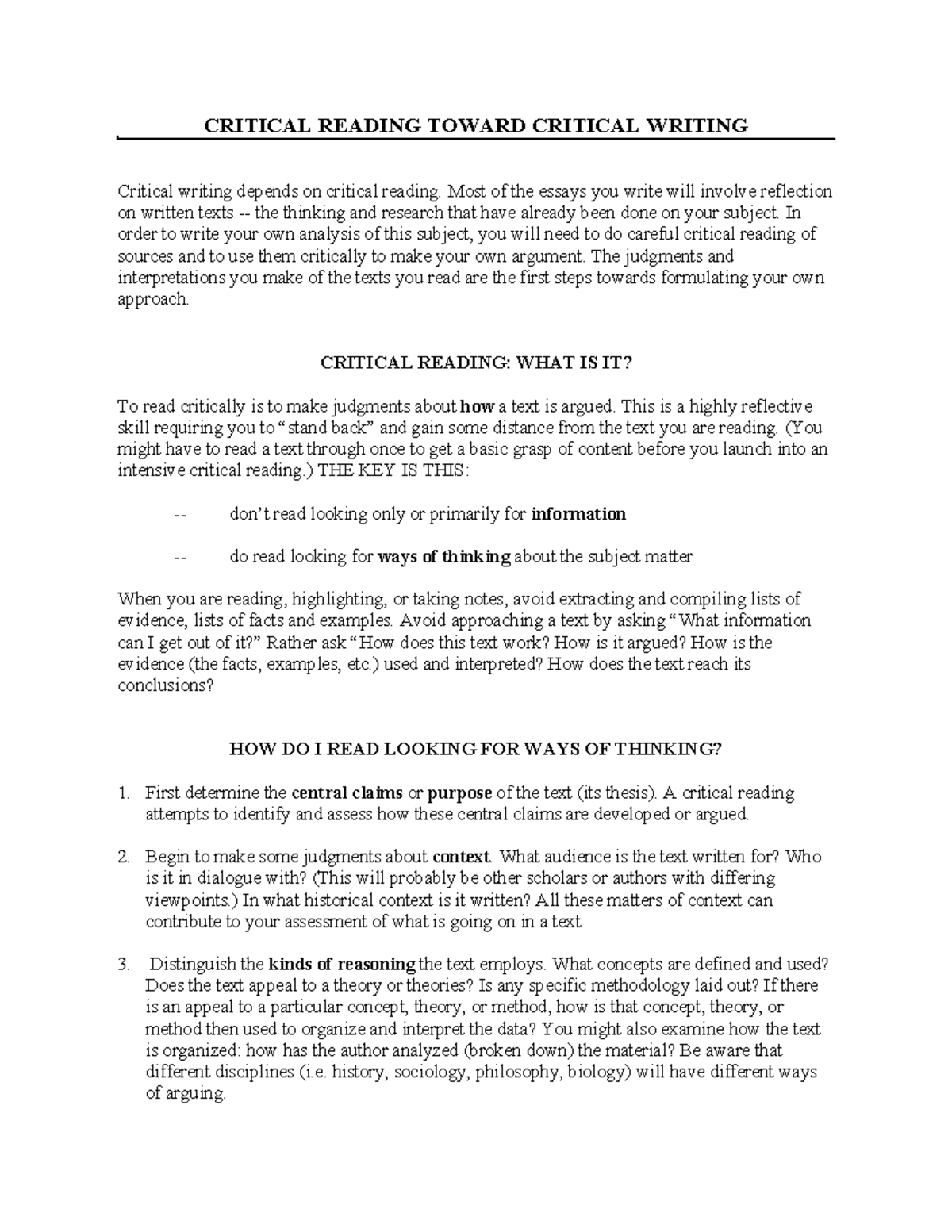 Critical-reading handout - CRITICAL READING TOWARD CRITICAL WRITING ...