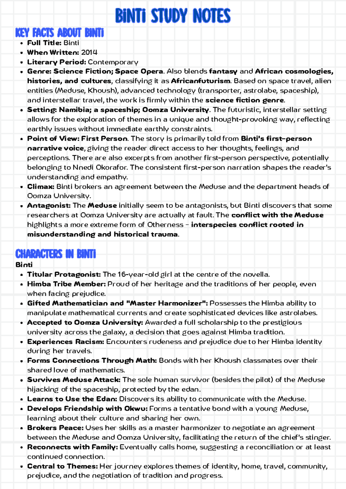 Binti Study Notes: Key Themes and Analysis of Africanfuturism in Binti ...